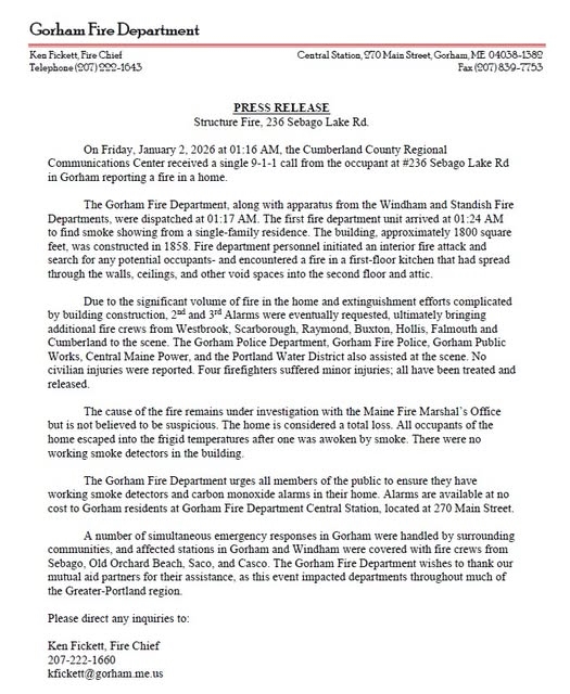 Third-Alarm House Fire Destroys Gorham Home on Sebago Lake Road