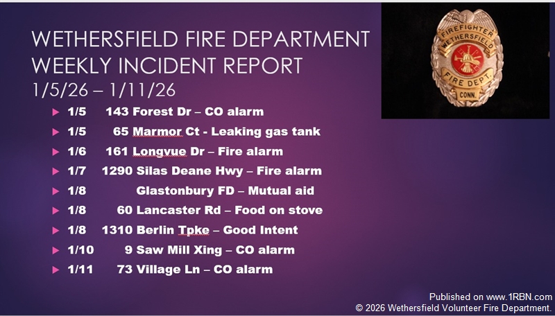 Wethersfield Fire Department Releases Weekly Incident Summary