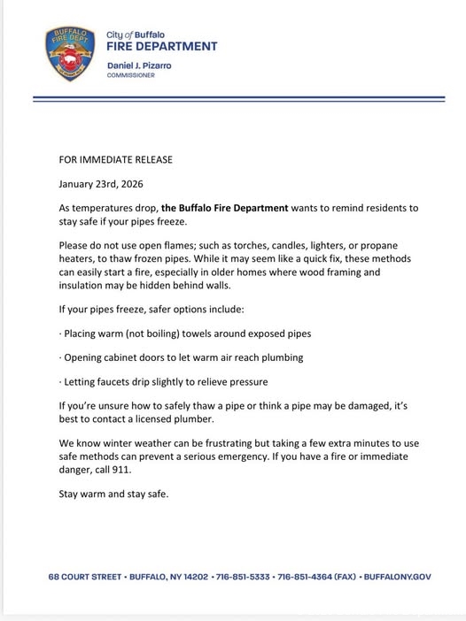 Buffalo Fire Department Urges Safe Practices as Freezing Temperatures ...