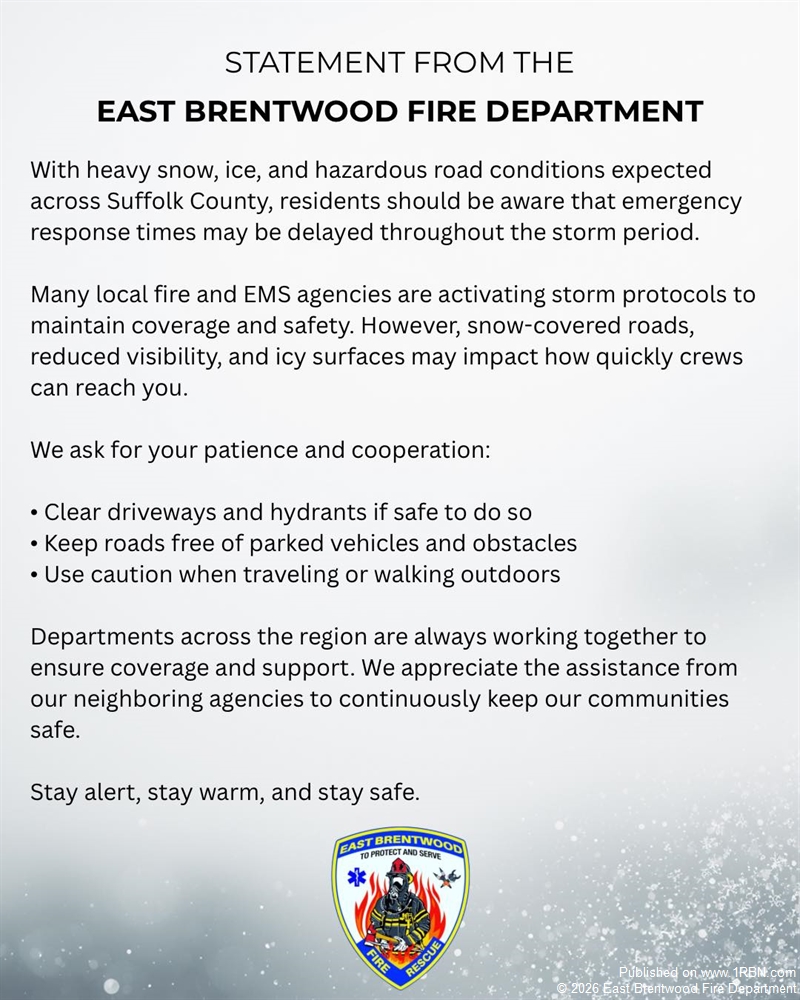East Brentwood Fire Department Issues Winter Storm Update, Urges ...