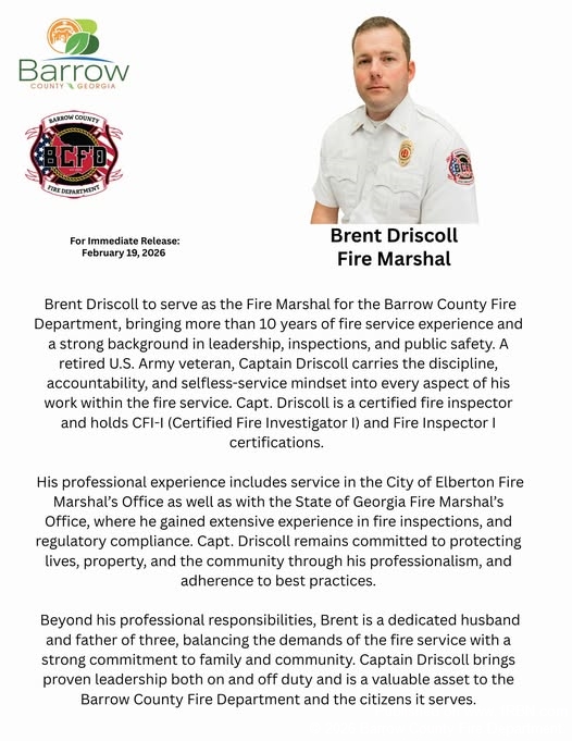 Brent Driscoll Named Fire Marshal in Barrow County