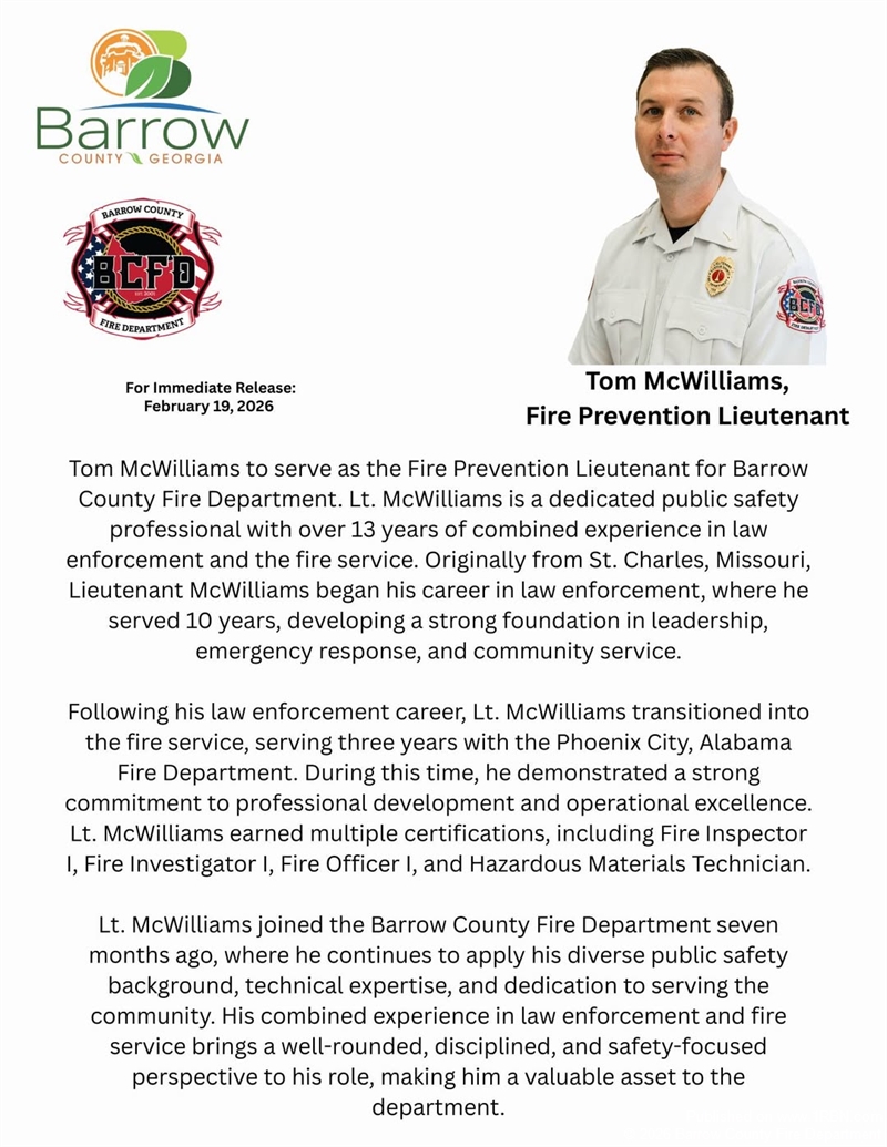 Barrow County Fire Department Announces Appointment of New Fire ...