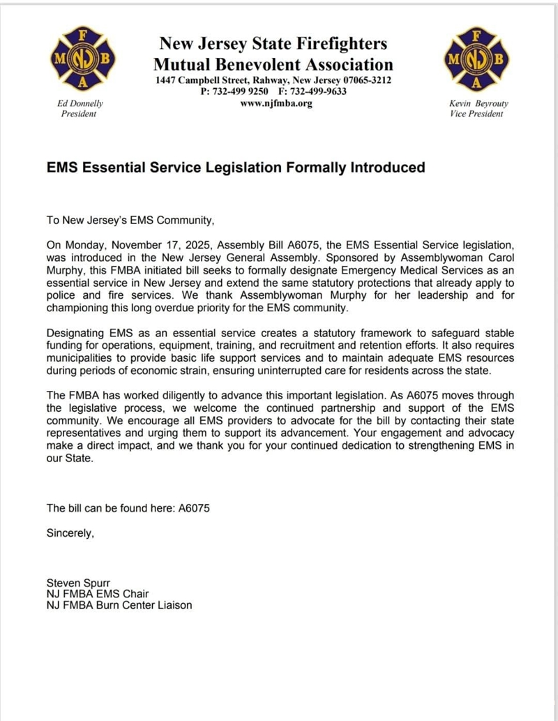 NJ FMBA Announces Introduction of EMS Essential Service Legislation